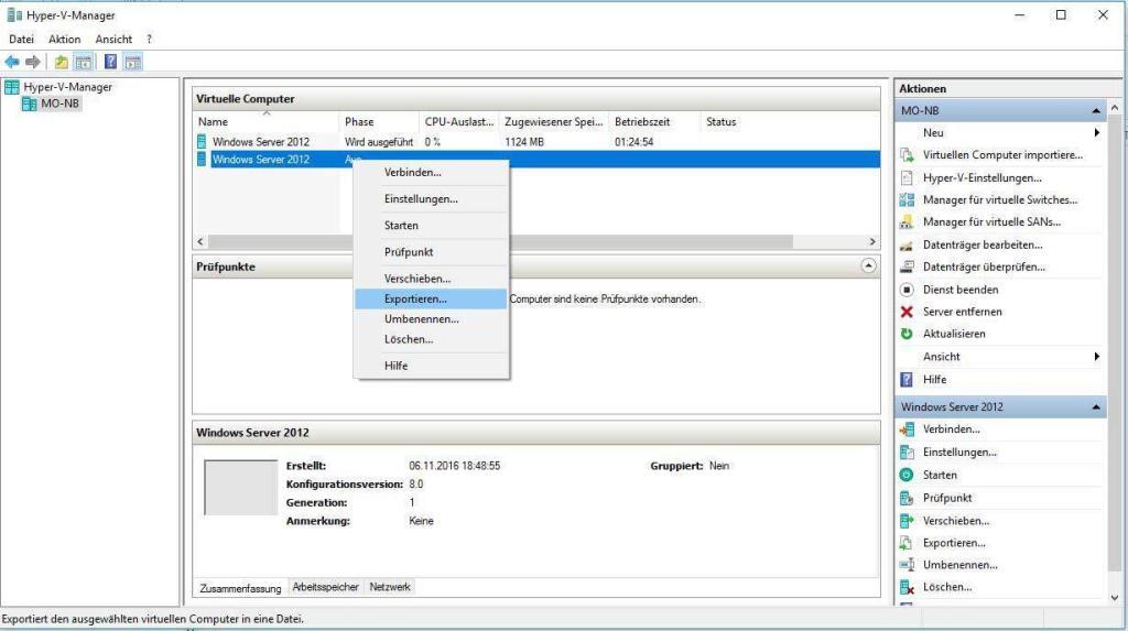 Virtuelle Maschine mit Hyper V Exportieren und Importieren