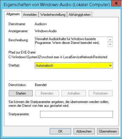 Hyper-V Windows Server 2012 Audiodienst aktivieren